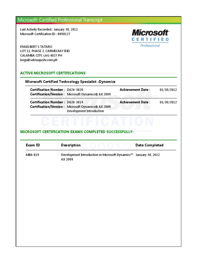 MS Learning Transcript | PDF