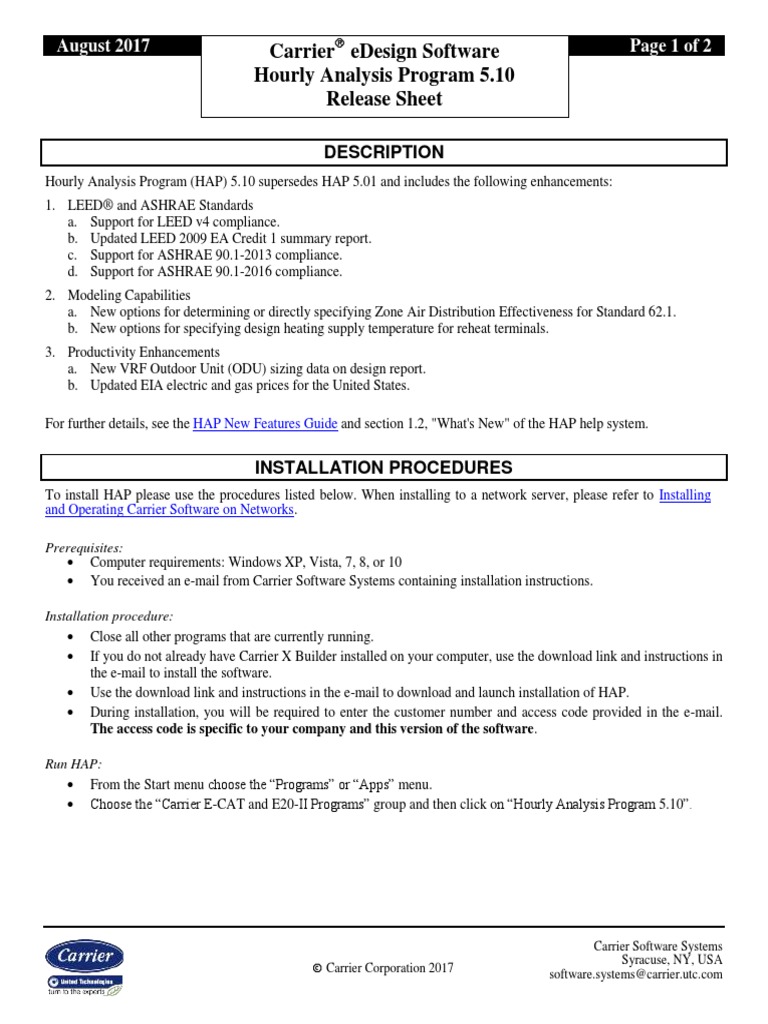 Carrier Edesign Software Hourly Analysis Program 5.10 Release Sheet ...