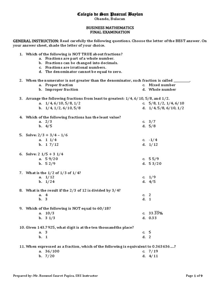 Analysis of a Business Mathematics Final Examination Containing Word ...