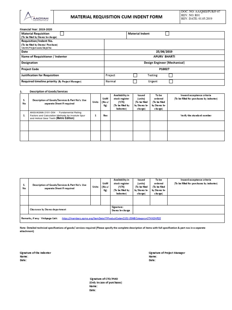 Material Requisition Cum Indent Form | PDF | Specification (Technical ...