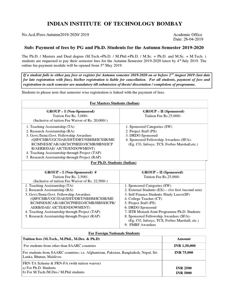 Indian Institute of Technology Bombay: Sub: Payment of Fees by PG and ...