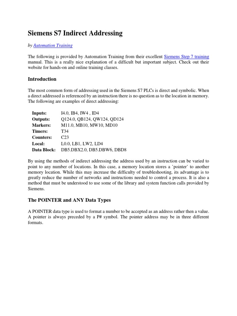Siemens S7 Indirect Addressing | PDF | Pointer (Computer Programming) | Data Type