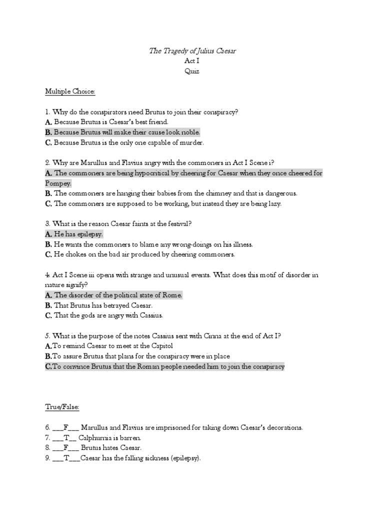 JuliusCaesarActIQuiz - With Answers | PDF | Julius Caesar | Biographers ...