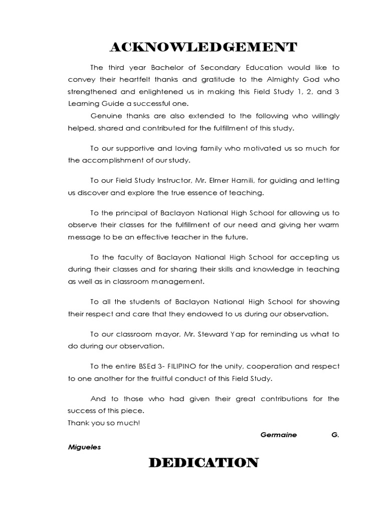 Dedication in Field Study Portfolio | PDF | Learning | Teachers
