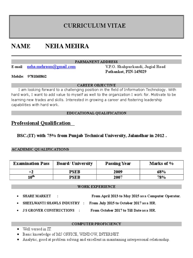 NAM Neha Mehra: Curriculum Vitae E | PDF