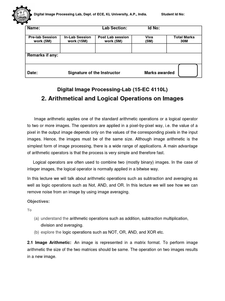 Lab2 - Arithmetic and Logic Opertaions | PDF | Digital Image | Arithmetic