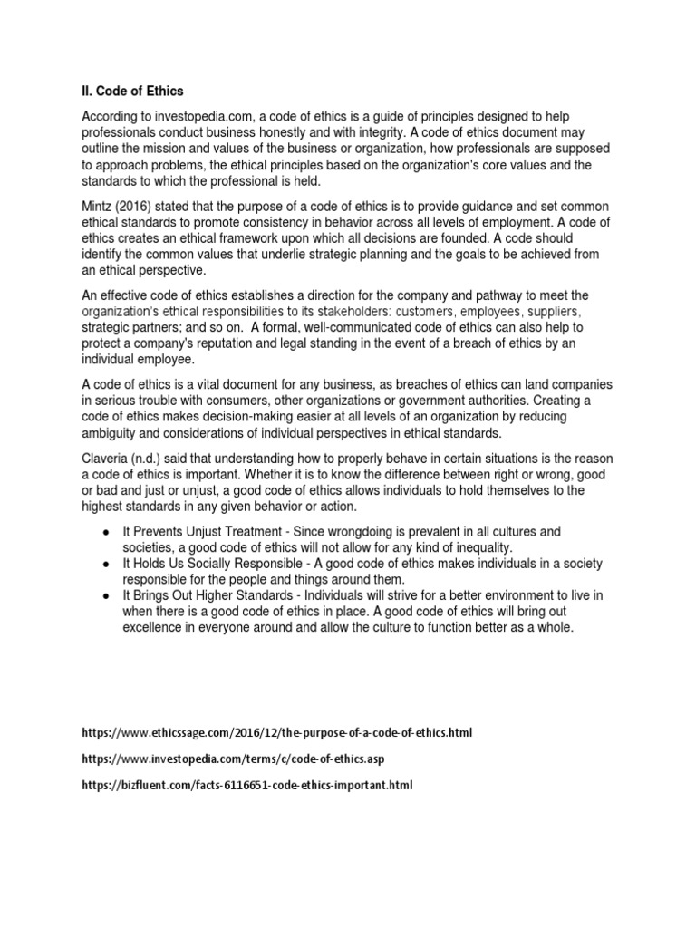 II. Code of Ethics | PDF | Value (Ethics) | Corporate Social Responsibility