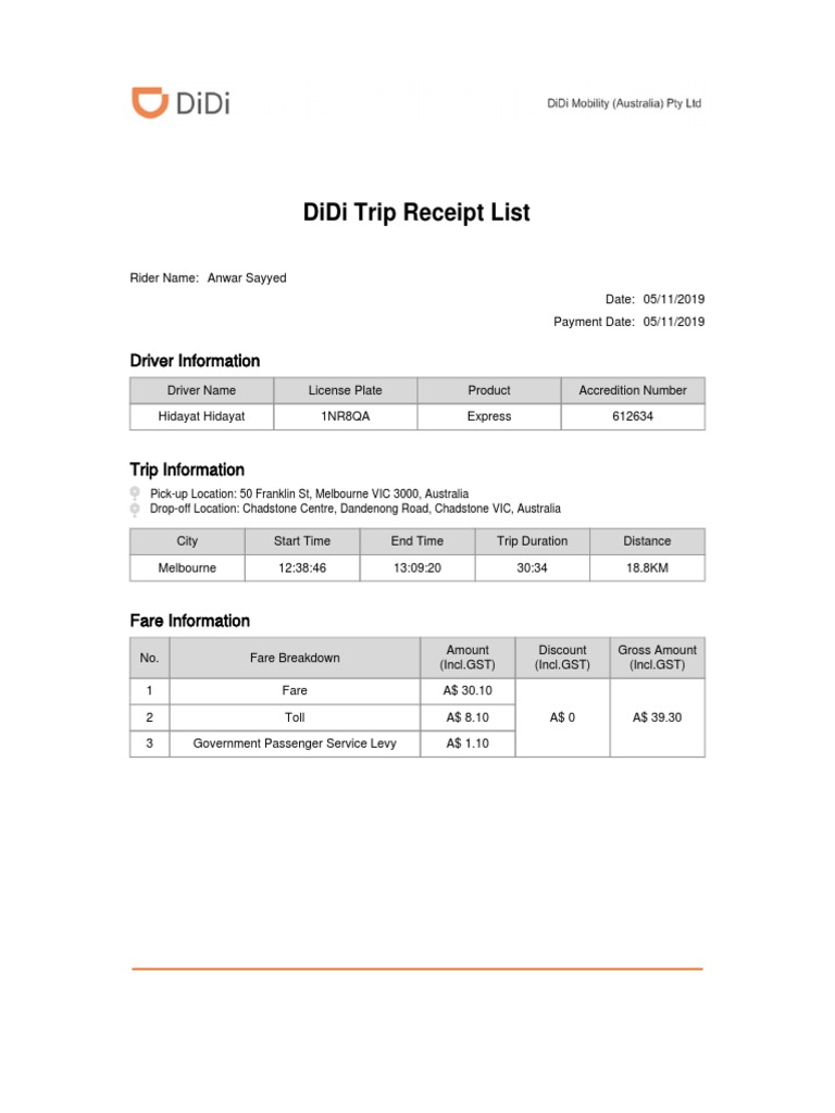 Didi Trip Receipt List: Driver Information | PDF | Economics Of ...