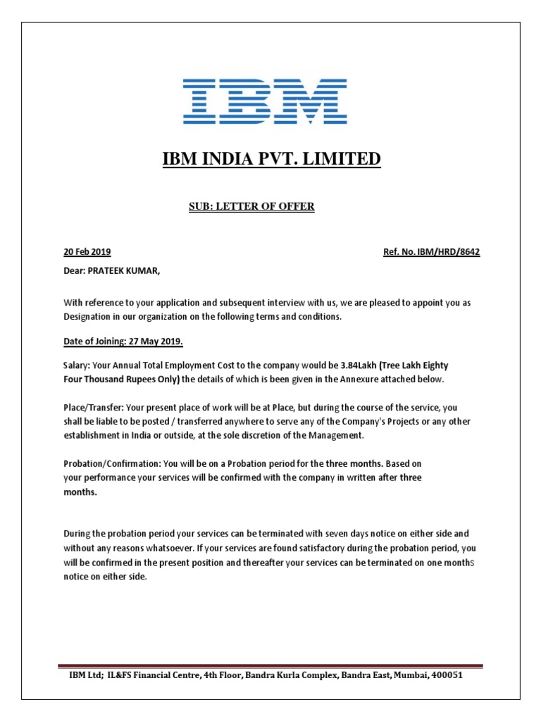 IBM LTD Offer Letter | PDF | Employment | Common Law