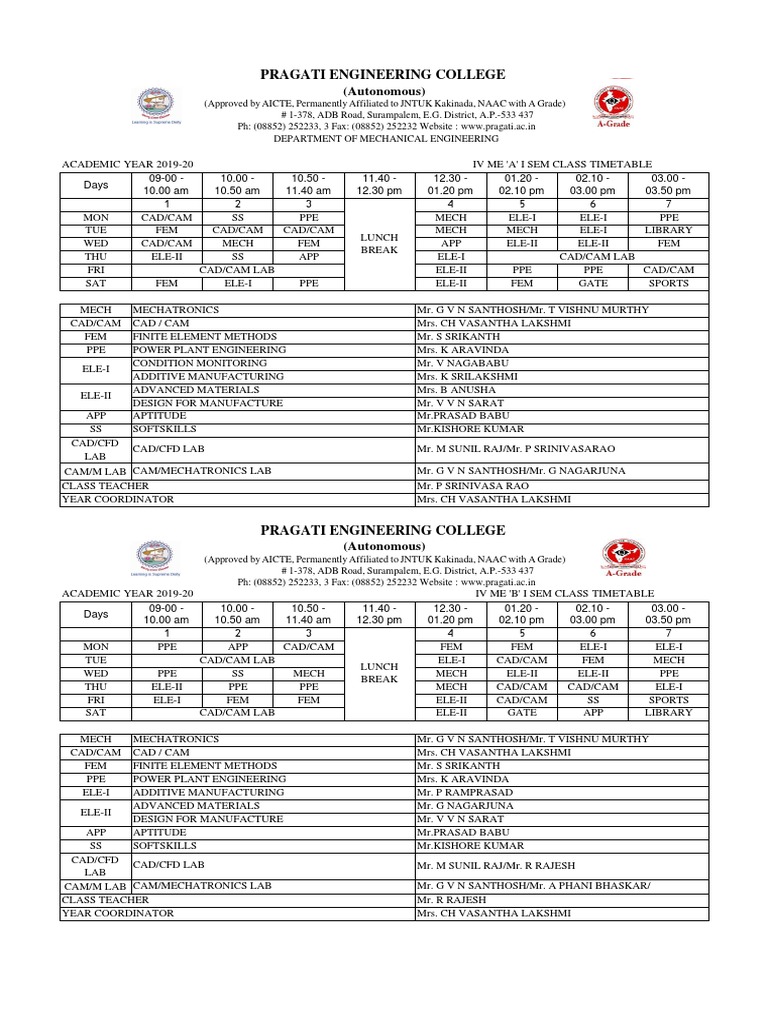 IV Timetable For The Academic Year 2019-20 I Semester | PDF | Finite ...