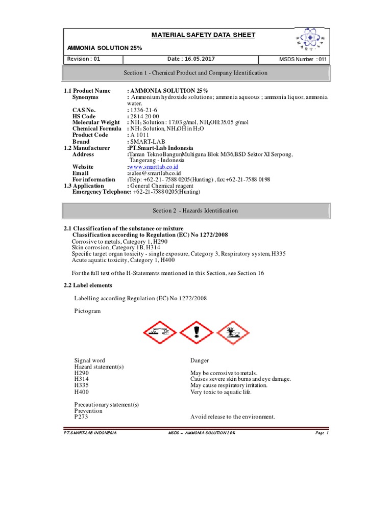 Msds Ammonia Solution | PDF | Chlorine | Oxide