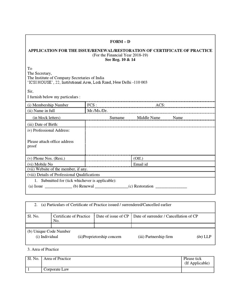 Form - D Application For The Issue/Renewal/Restoration of Certificate ...