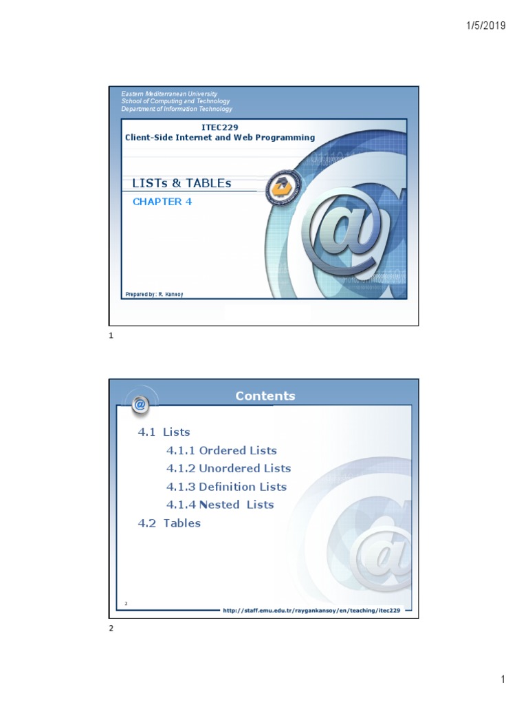 Lists & Tables: ITEC229 Client-Side Internet and Web Programming | PDF | Html Element | Html
