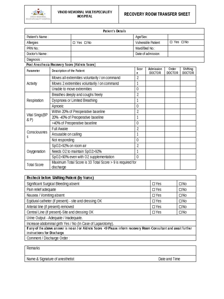Recovery Room Transfer Sheet44 | PDF | Breathing | Diseases And Disorders