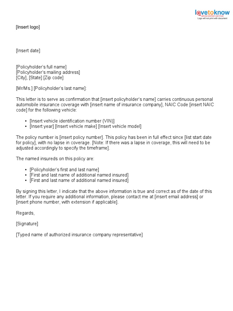 3514 Proof of Insurance Letter Auto | PDF