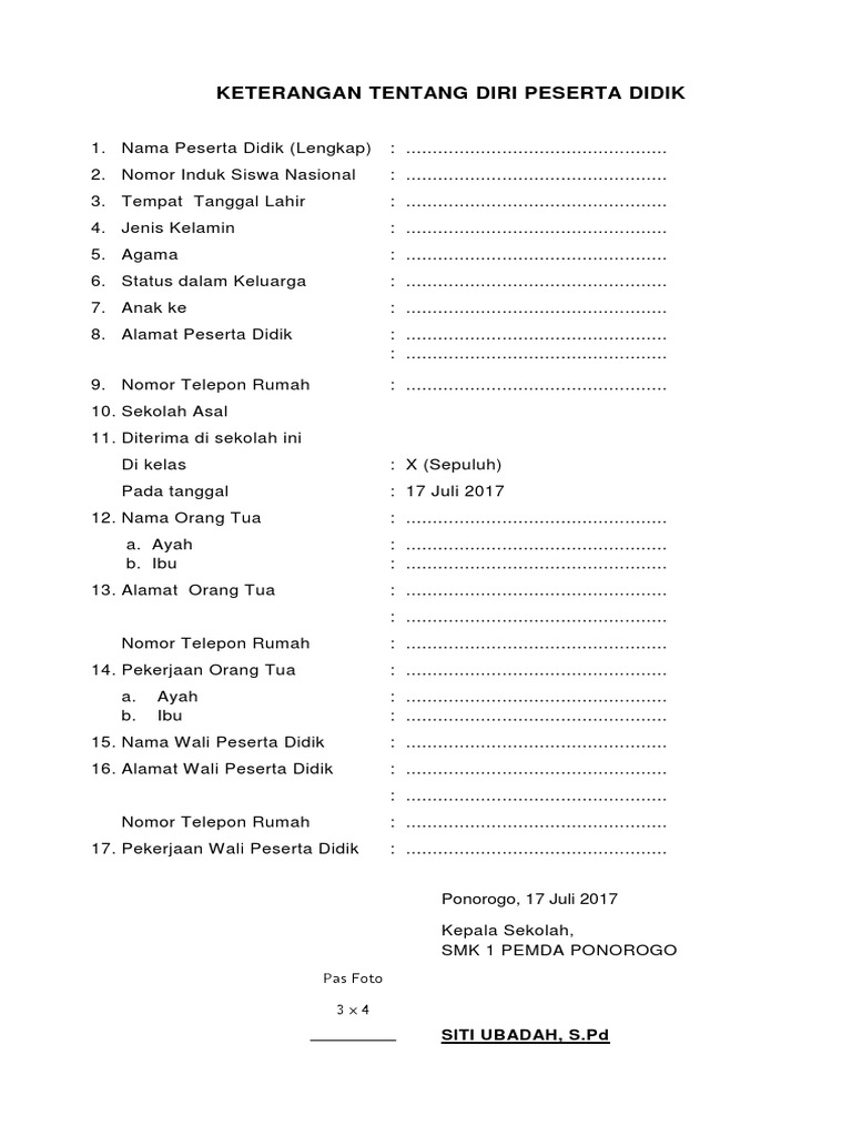 Data Diri Peserta Didik | PDF