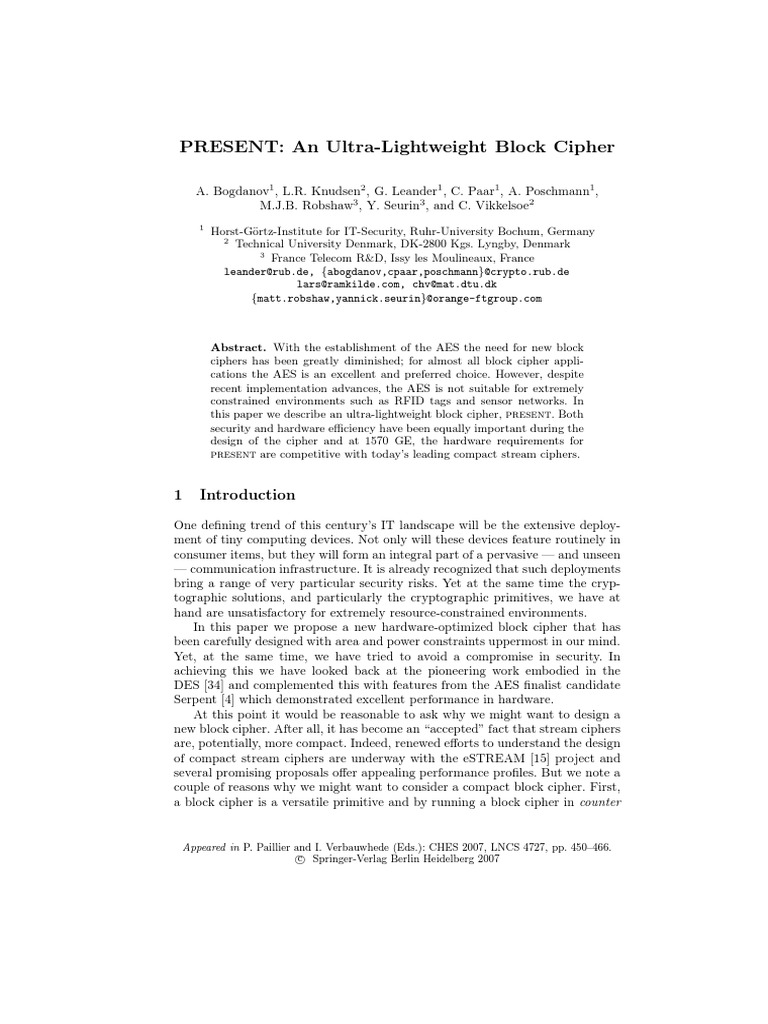 PRESENT: An Ultra-Lightweight Block Cipher | PDF | Cryptography | Cryptanalysis