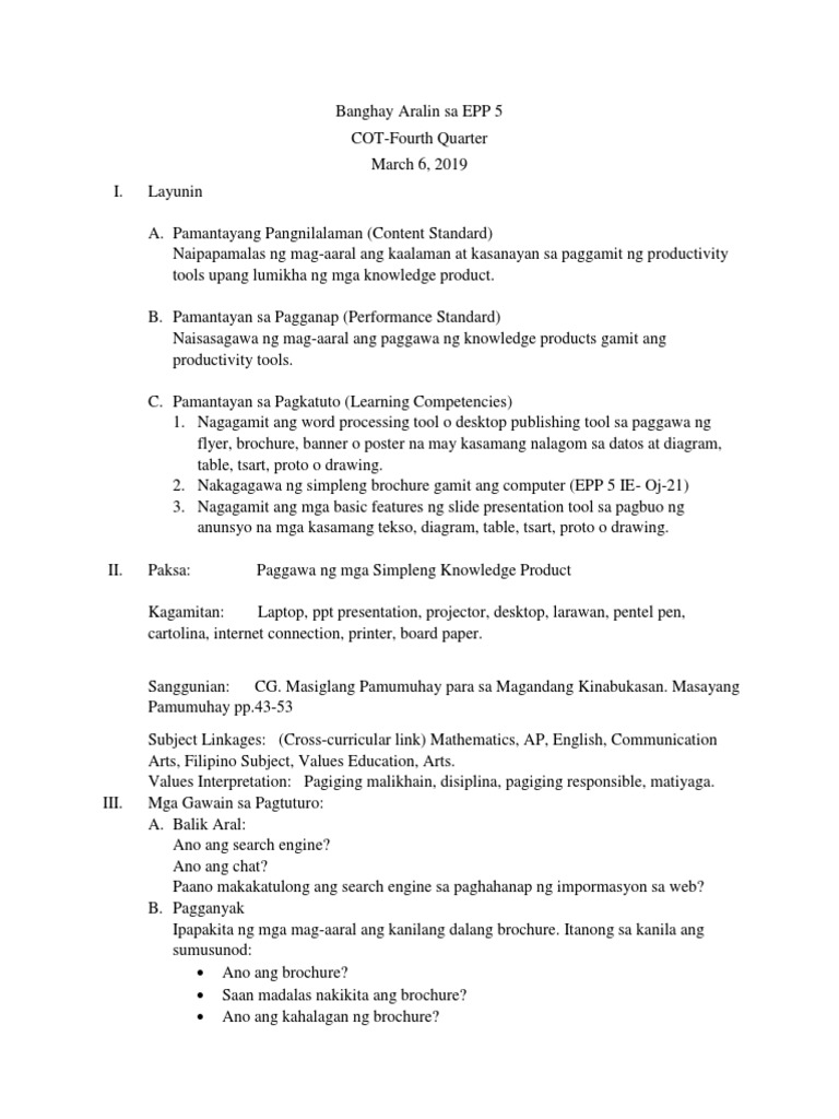 Banghay Aralin Sa EPP 5 | PDF