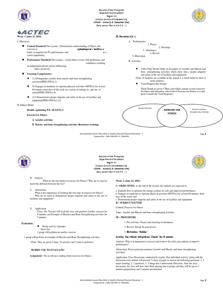 324649681-Hope-1 WEEK 1 - 20 | PDF | Physical Fitness | Lesson Plan