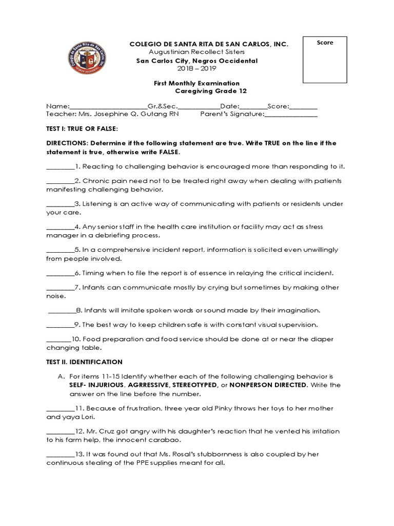 Grade 12 Caregiving Exam Questions | PDF | Caregiver | Stress (Biology)