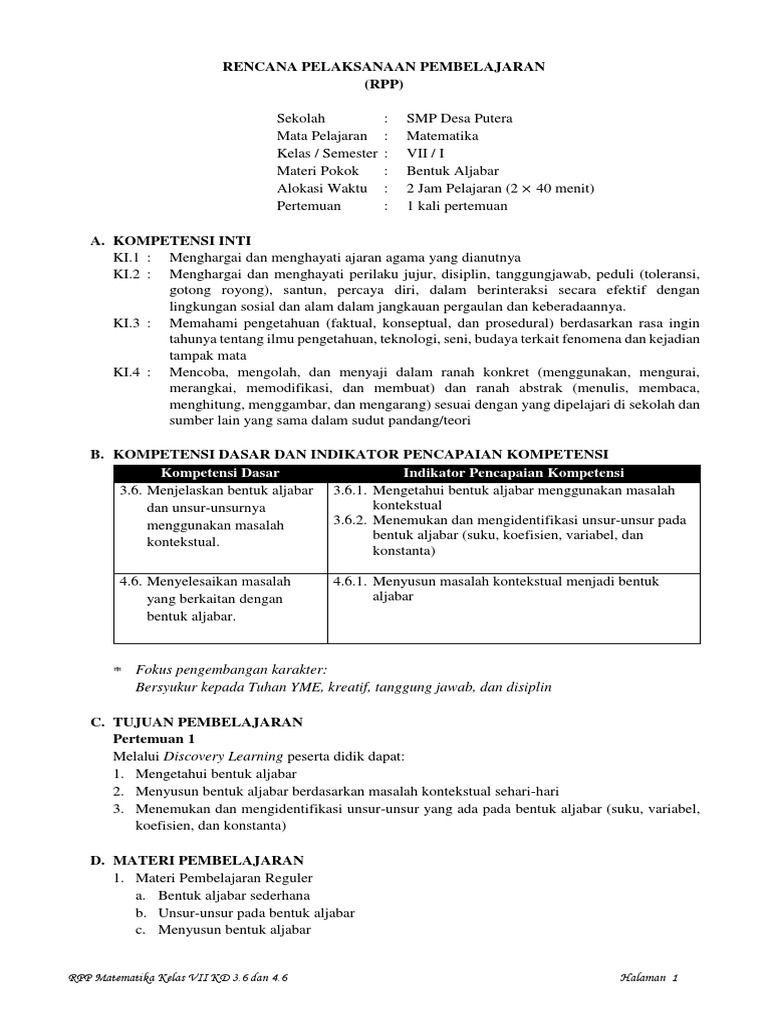 RPP - KD 3.6 Dan 4.6 - Bentuk Aljabar PDF | PDF