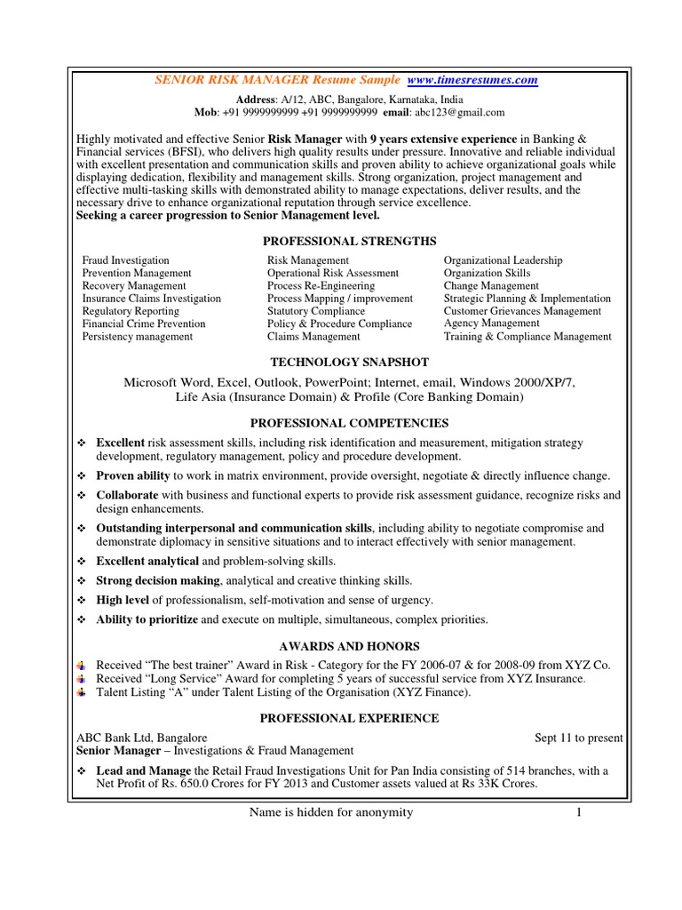 Senior Risk Manager Resume Sample | PDF | Risk Management | Fraud
