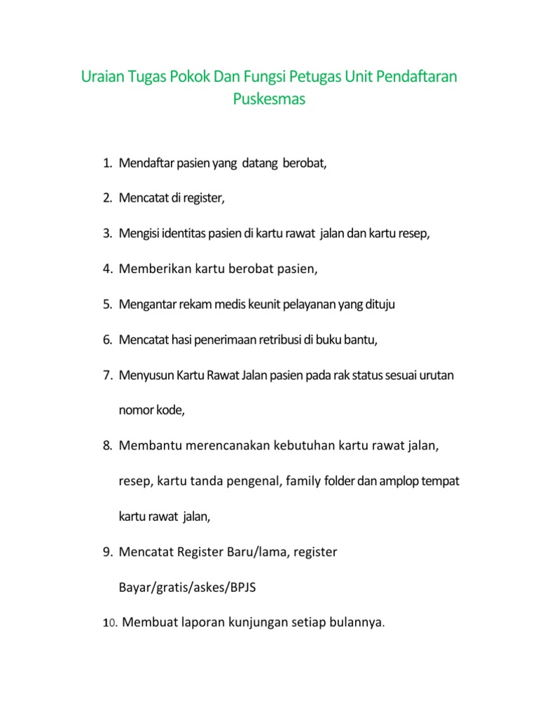 Uraian Tugas Pokok Dan Fungsi Petugas Loket Pendaftaran Puskesmas | PDF
