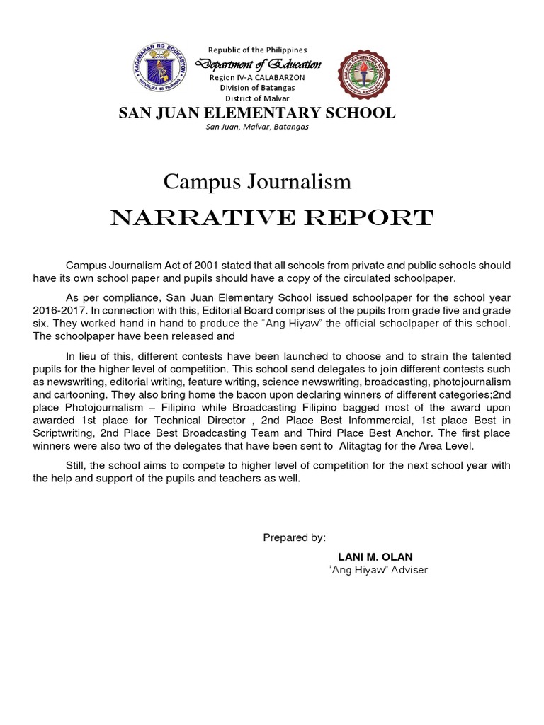 Campus Journalism Narrative Report: San Juan Elementary School | PDF