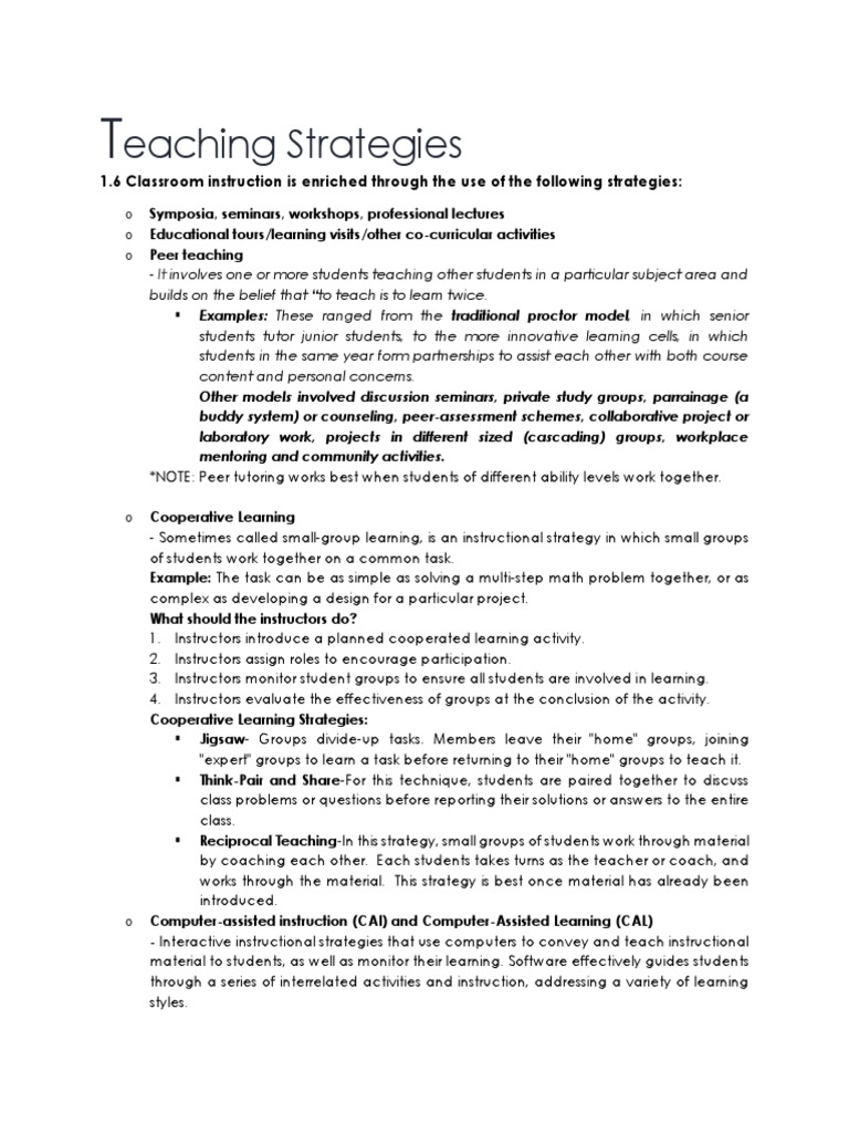 Eaching Strategies: 1.6 Classroom Instruction Is Enriched Through The ...