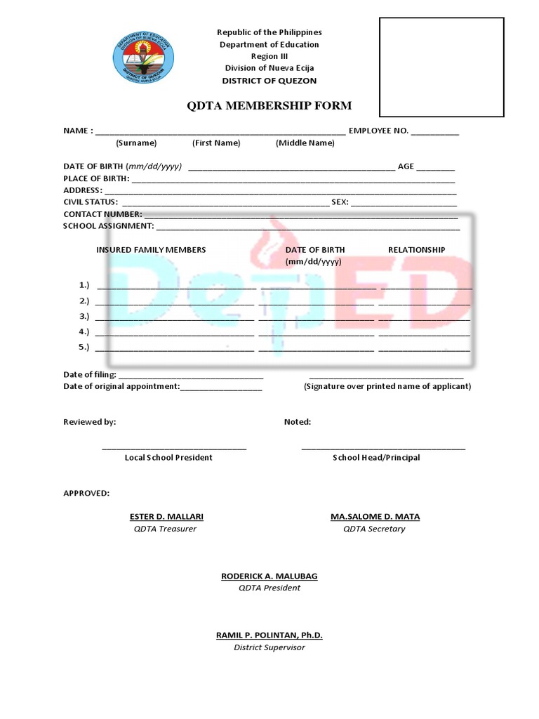 Qdta Membership Form: District of Quezon | PDF
