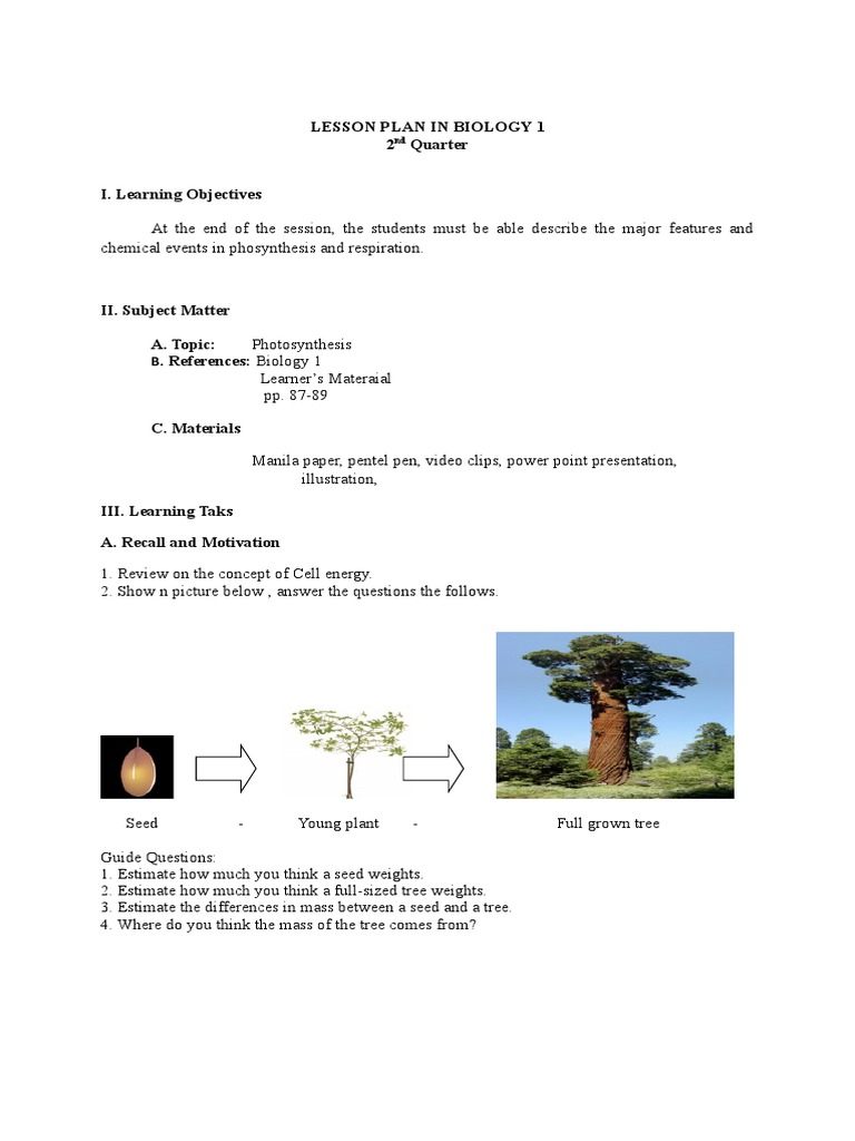 Lesson Plan in Biology 1 2 Quarter | PDF | Photosynthesis | Cell Biology