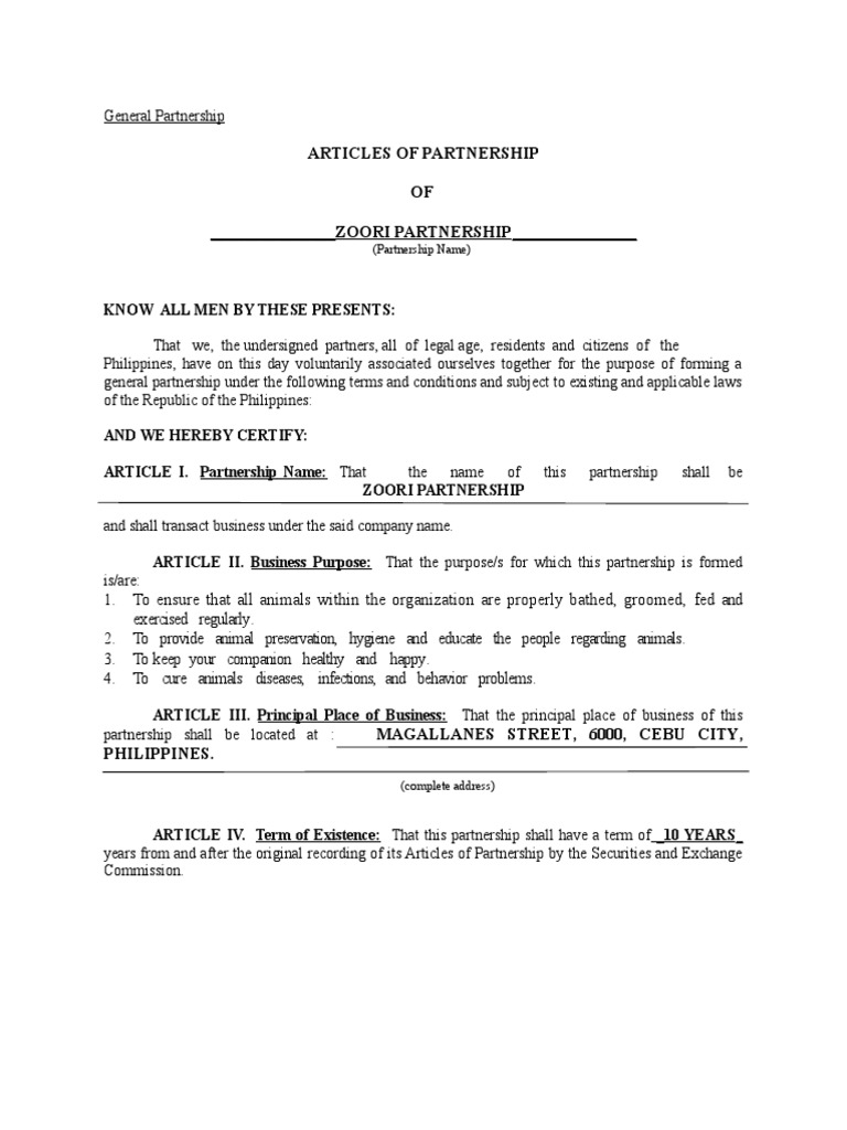 Articles of Partnership For General Partnerships | PDF | Partnership ...