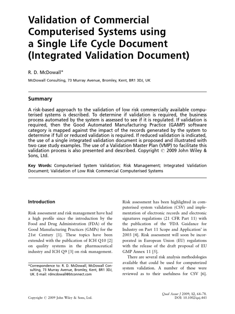 Validation of COTS Using Single Life Cycle Approach - RD McDowall | PDF ...