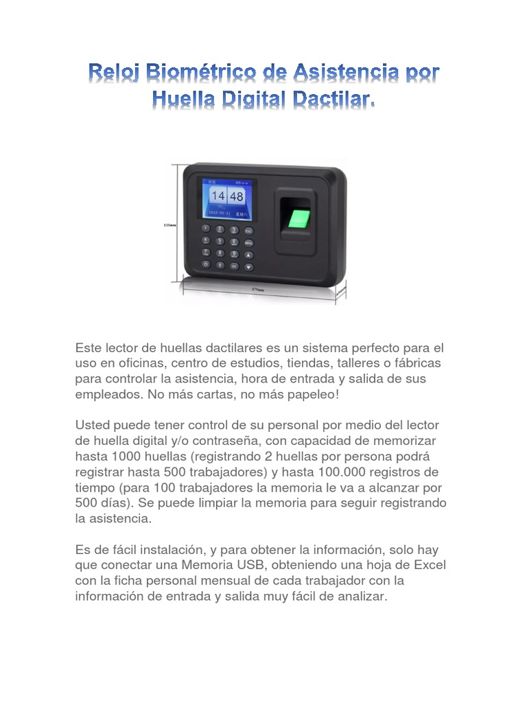 Reloj Biométrico de Asistencia Por Huella Digital Dactilar | PDF