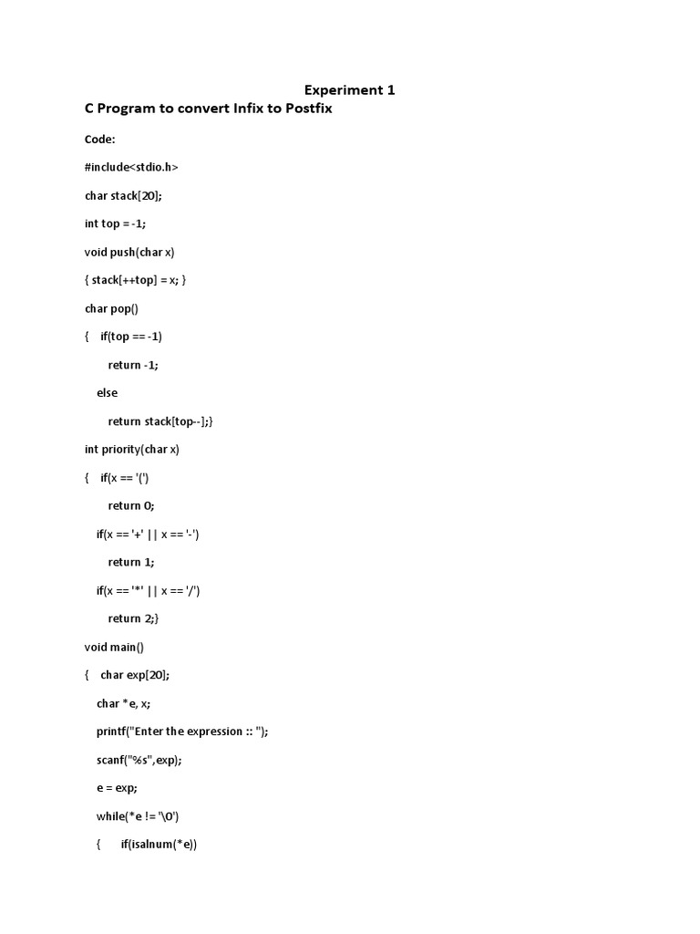 Experiment 1 C Program To Convert Infix To Postfix: Code | PDF