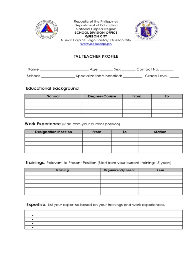 TVL Teacher Profile - : School Degree/Course From To | PDF
