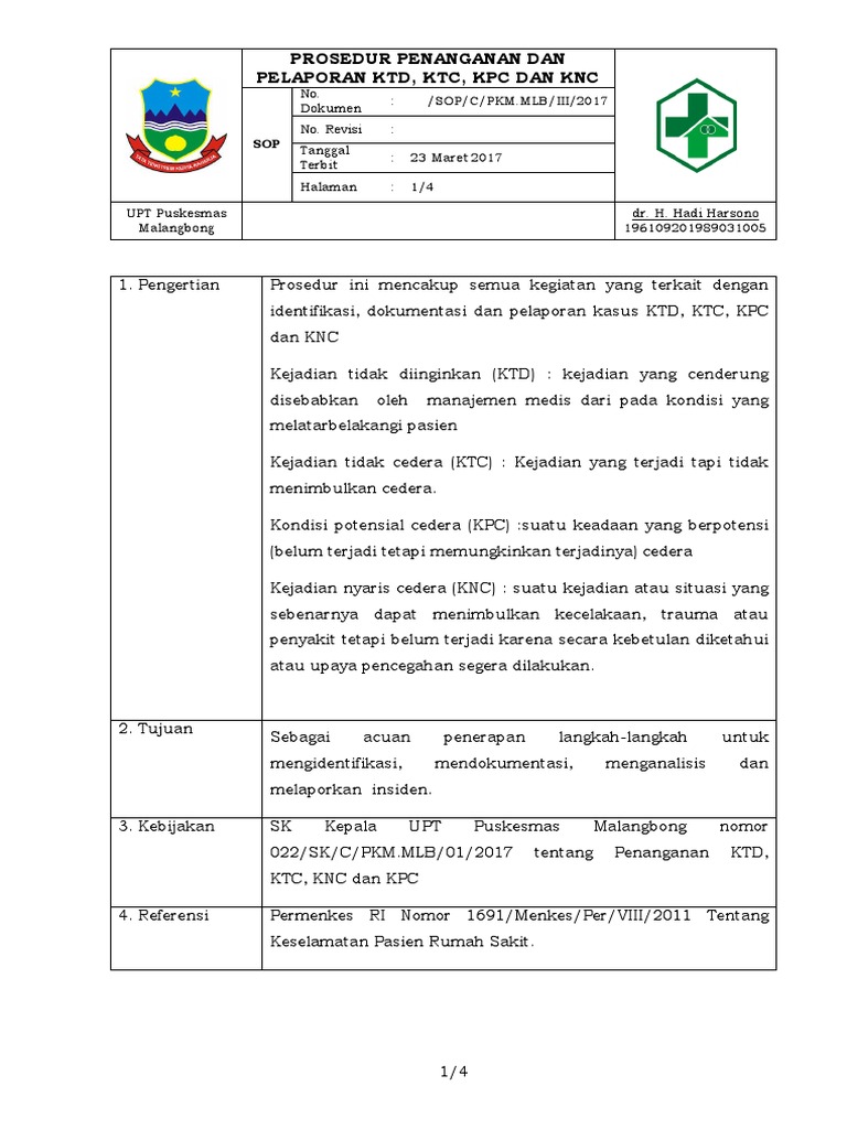 9.1.1.6 Sop Penanganan KTD, KTC, KNC Dan KPC | PDF