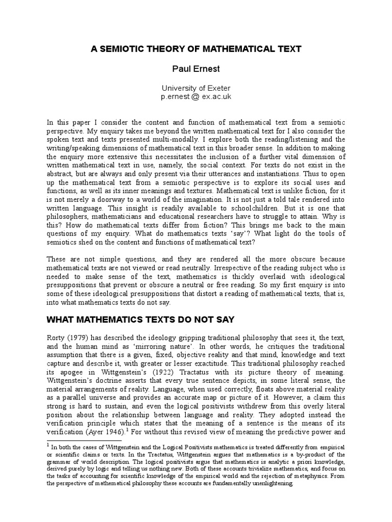 A Semiotic Theory of Mathematical Text: Paul Ernest | PDF ...