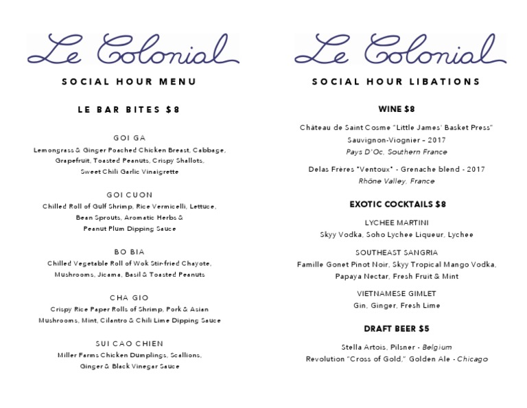 Le Colonial Social Hour Menu | PDF