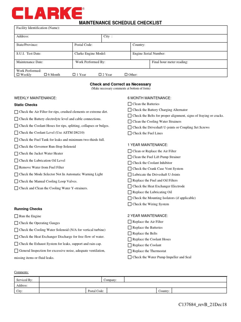 Maintenance Schedule Checklist: Check and Correct As Necessary | PDF ...
