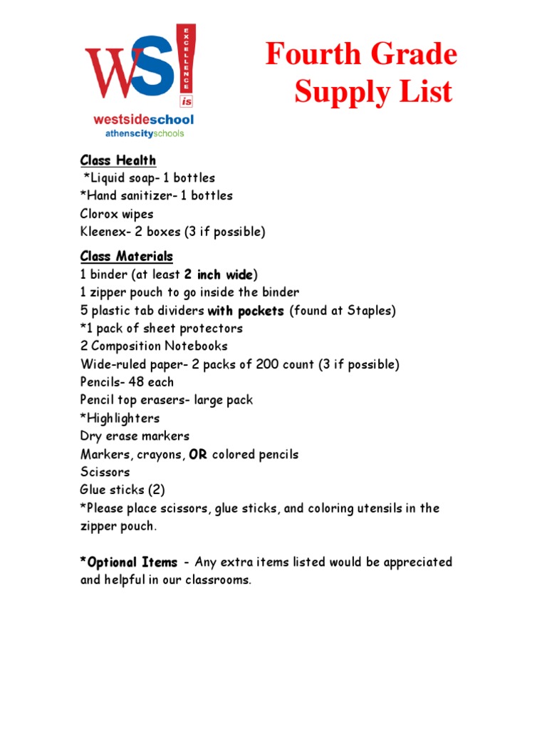 Fourth Grade Supply List 2023 | PDF