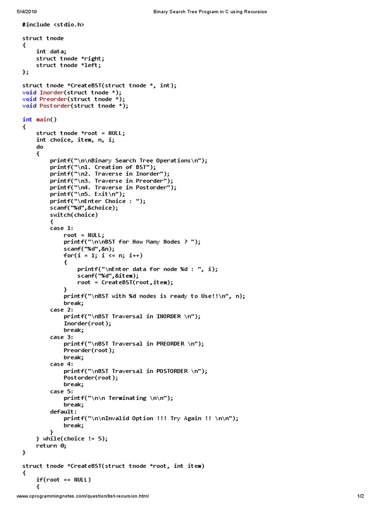 Binary Search Tree Program In C Using Recursion Pdf Theoretical Computer Science Computer Data 4257