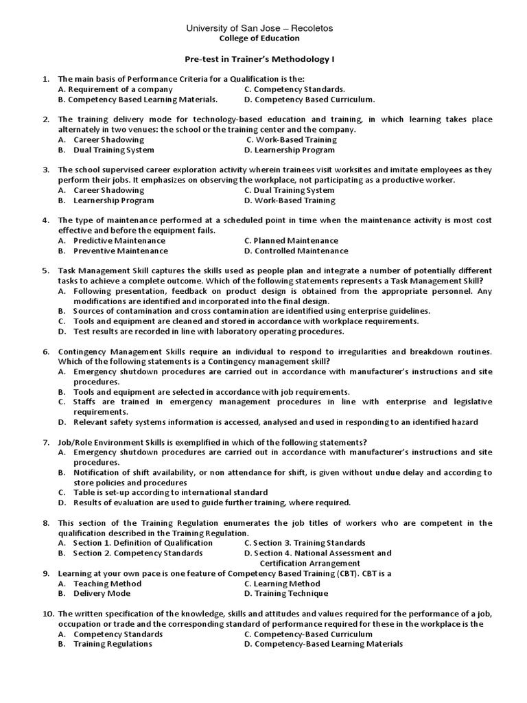 Pre-Test in Trainer's Methodology I: College of Education | PDF ...