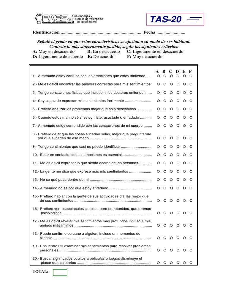 Evaluación de la Alexitimia TAS-20 | PDF | Sicología | Conceptos psicologicos