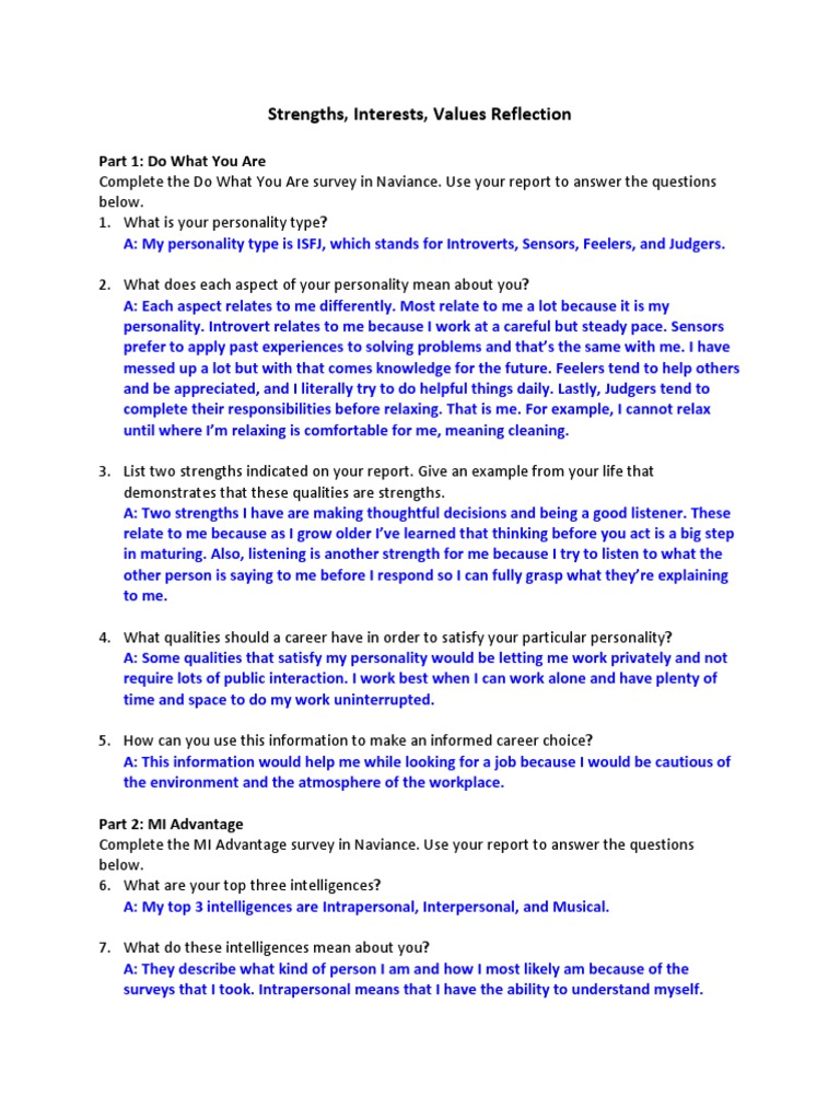 Lesson 1 - Strengths Interests Values Reflection 1 | PDF | Personality ...