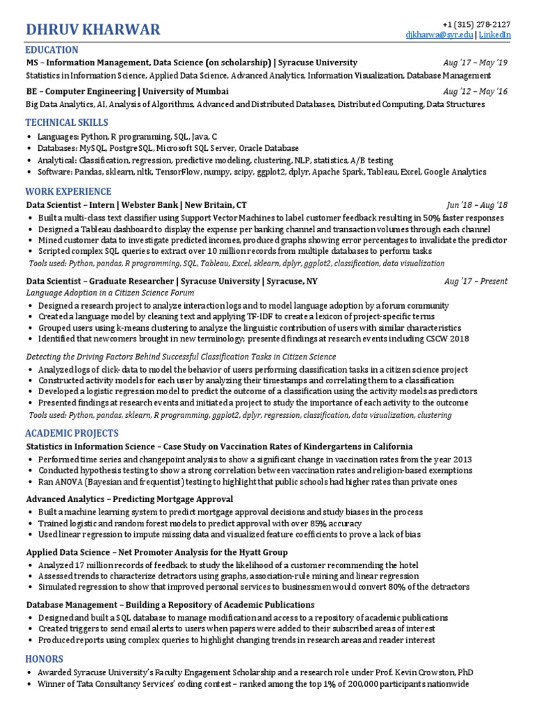 Resume - Dhruv Kharwar PDF | PDF | Statistical Classification | Data Analysis
