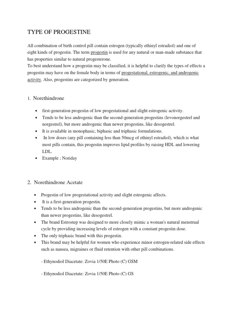 Type of Progestin | PDF | Combined Oral Contraceptive Pill | Methods Of ...