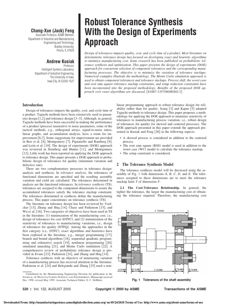 Robust Tolerance Synthesis With The Design of Experiments Approach ...
