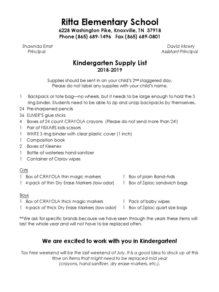 Kindergarten Supply List 2018-2019 | PDF