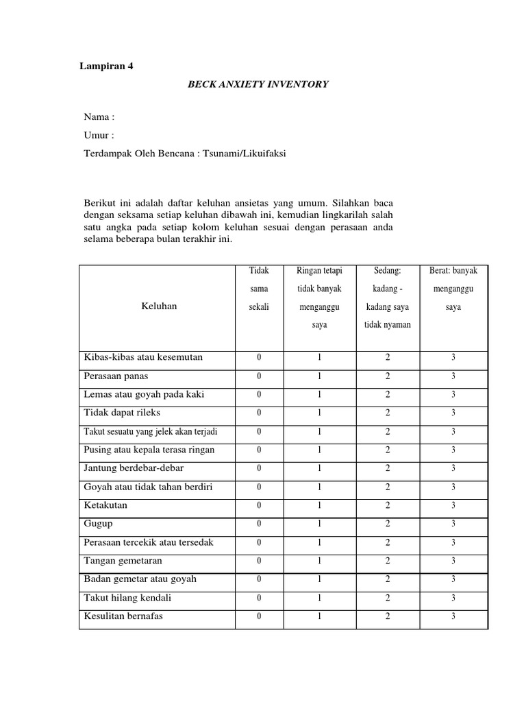 Beck Anxiety Inventory | PDF